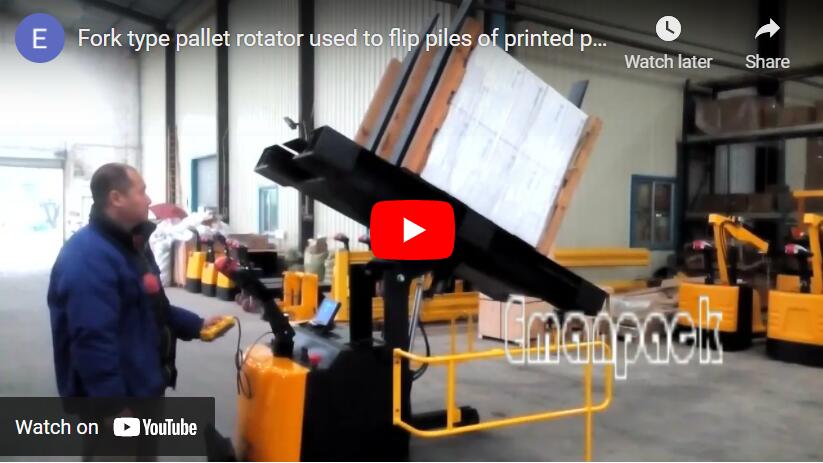 Fork type pallet rotator used to flip piles of printed paper - emanvideo